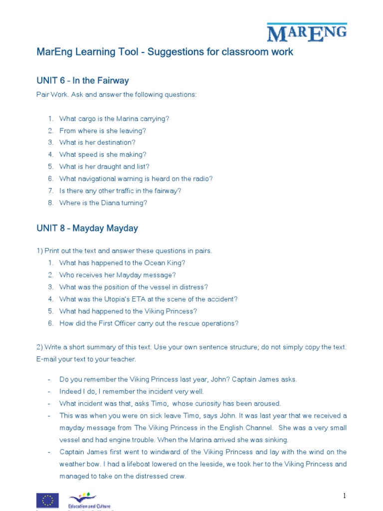 Mareng Learning Tool - Suggestions For Classroom Work: Unit 6 - in The ...