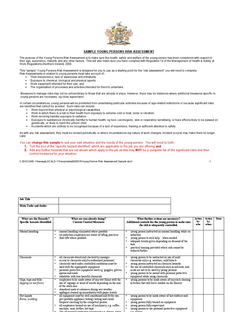 Young Worker Risk Assessment Sample | PDF | Personal Protective ...