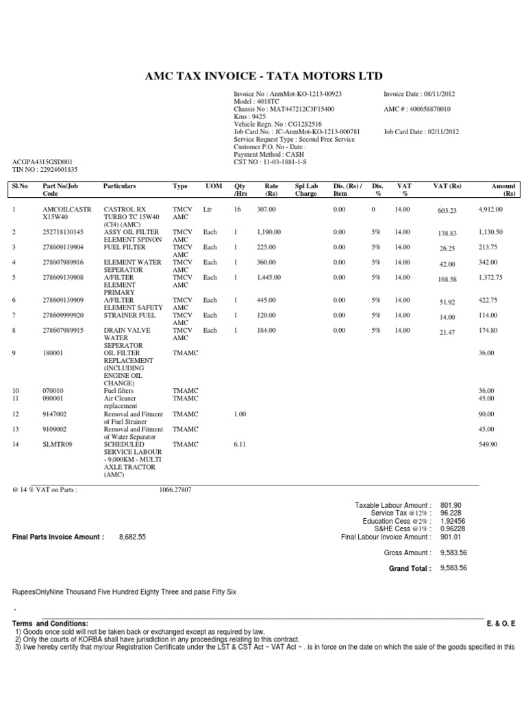 Tata Motors AMC Tax Invoice Details | PDF | Technology & Engineering