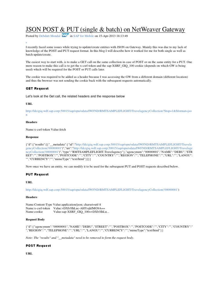 JSON POST & PUT (Single & Batch) On NetWeaver Gateway | PDF | Http Cookie | Hypertext Transfer ...