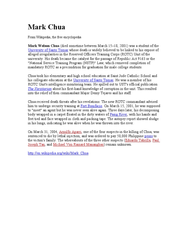 Mark Chua: Mark Welson Chua (Died Sometime Between March 15-18, 2001 ...