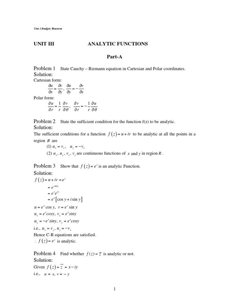 Unit Iii Analytic Functions Part-A: Problem 1 Solution | PDF | Equations | Complex Number