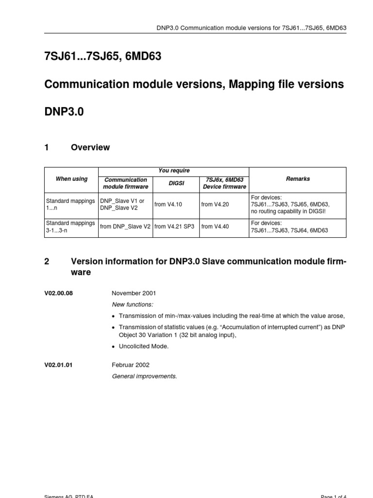 7SJ61... 7SJ65, 6MD63 Communication Module Versions, Mapping File ...