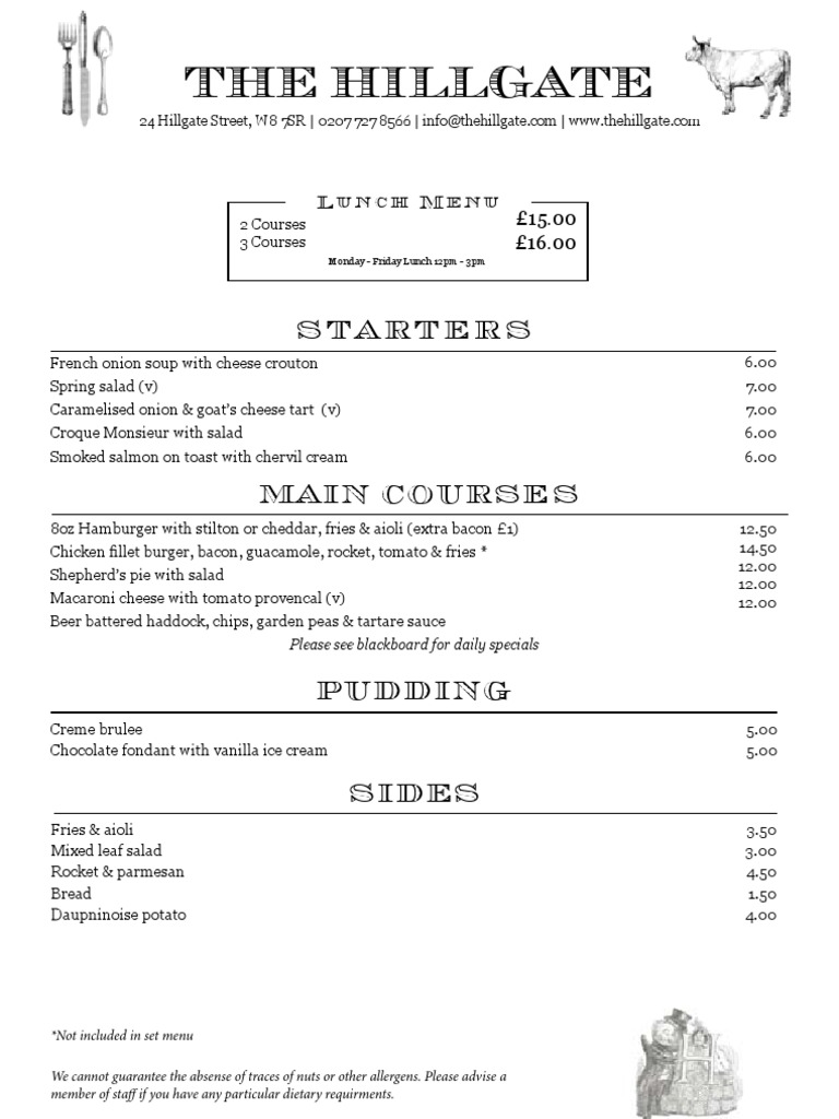 Hillgate Lunch Menu: Starters & Mains | PDF | Wellness