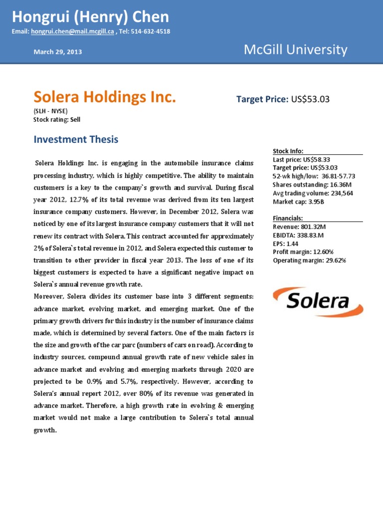 Stock Report of Solera Holdings Inc (Read With Its Financial Model ...