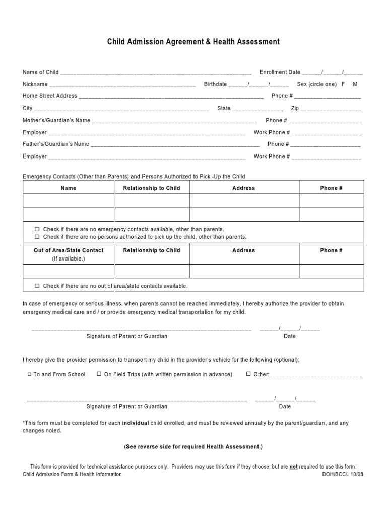 Admission Agreement Health Assessment | PDF | Parent | Relationships