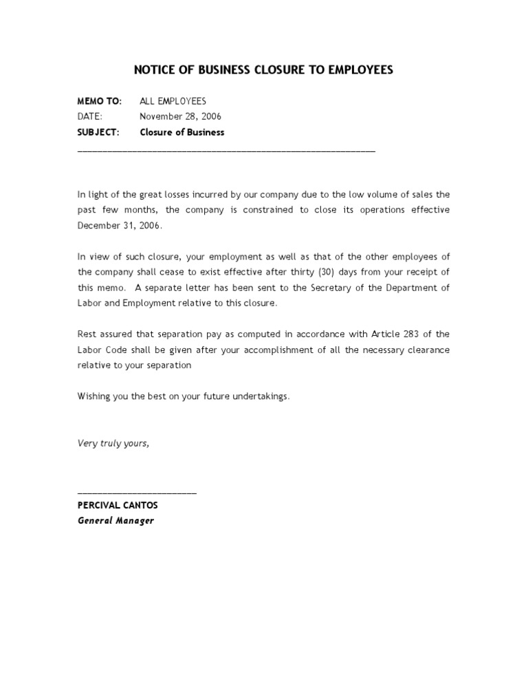 Notice of Business Closure To Employees | PDF