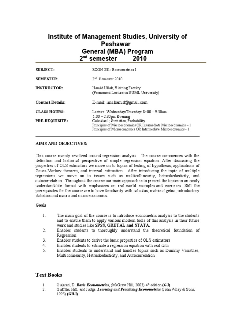 Econometric Scours Outlines by Hamidullah | PDF | Econometrics | Regression Analysis
