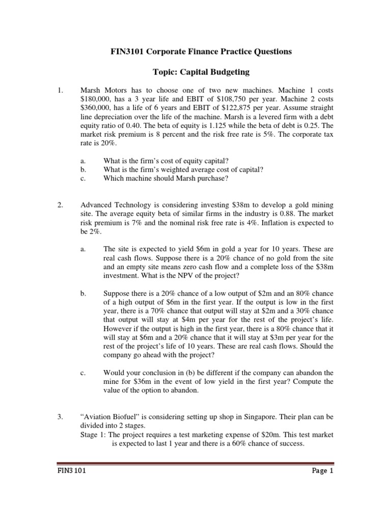 Corporate Finance Practice Questions | PDF | Net Present Value ...