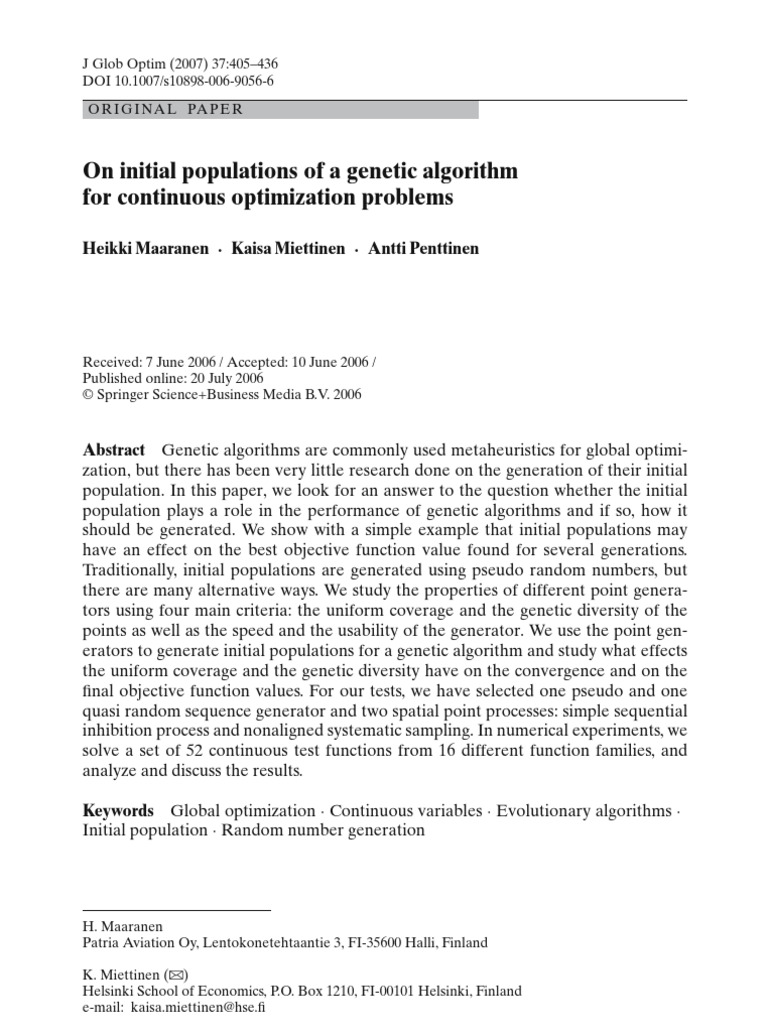 On Initial Populations Of A Genetic Algorithm For Continuous Optimization Problems Pdf 