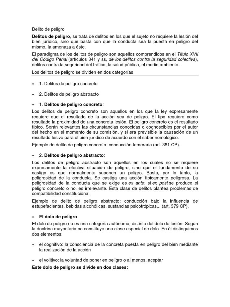 Delito de Peligro | PDF | Intención (Derecho Penal) | Delito