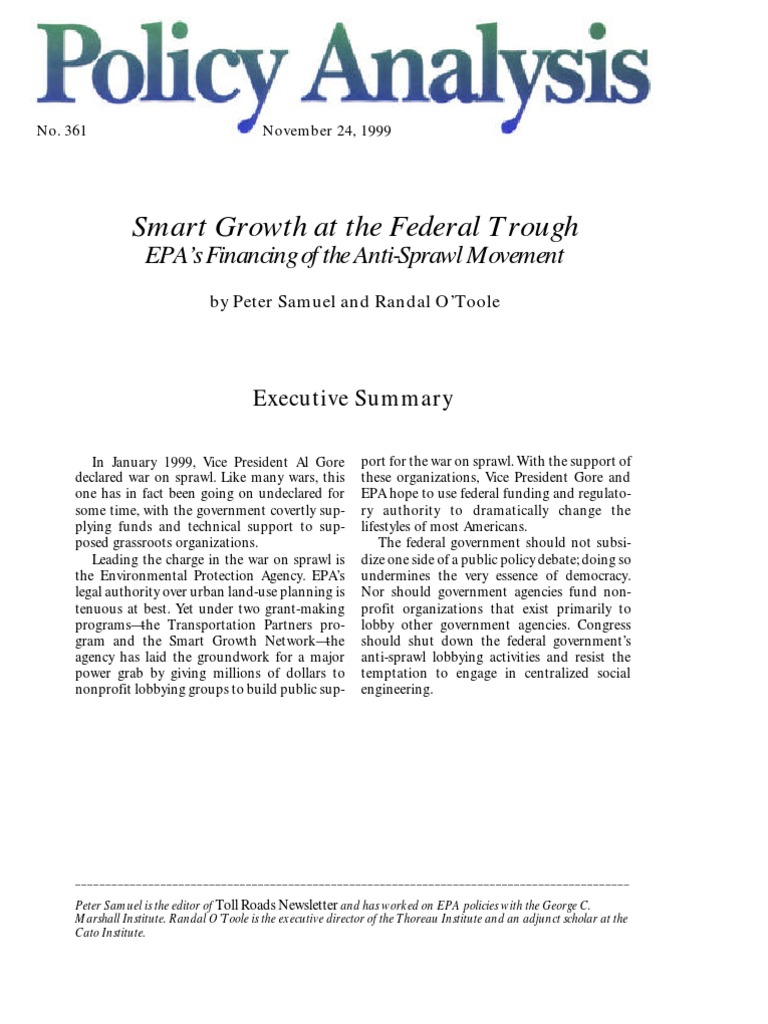 Smart Growth at The Federal Trough: EPA's Financing of The Anti-Sprawl ...