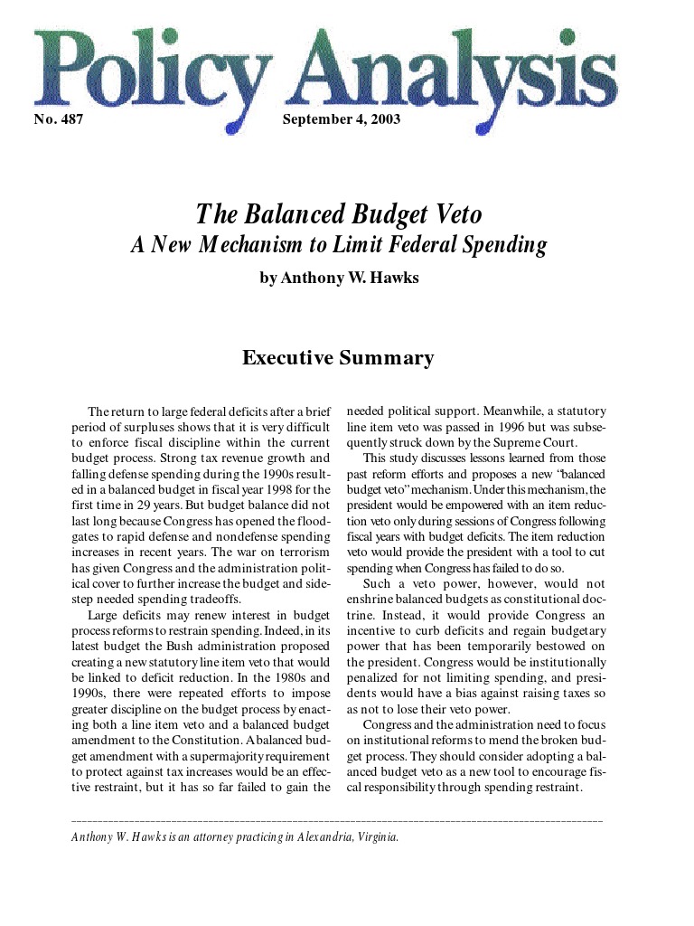 The Balanced Budget Veto: A New Mechanism To Limit Federal Spending ...