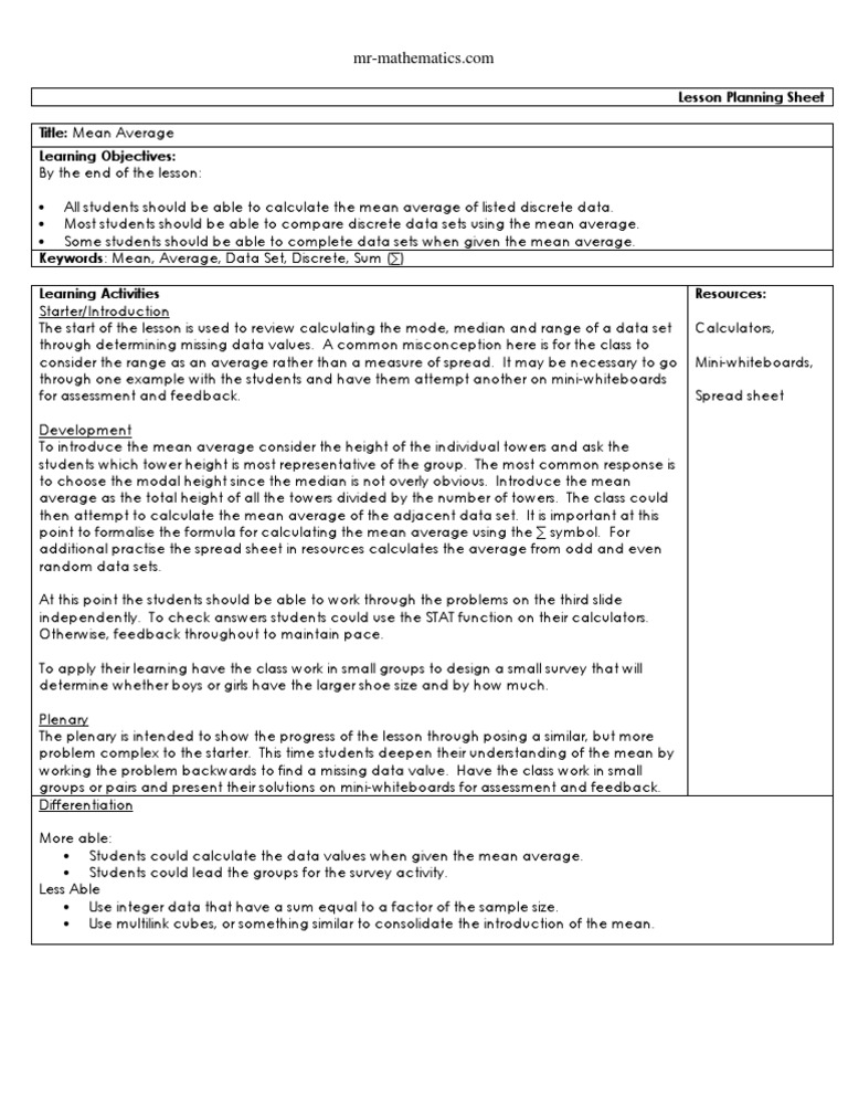 Lesson Plan Mean Average | PDF | Arithmetic Mean | Mean