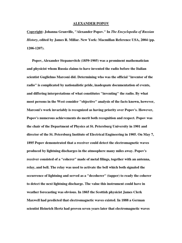 Alexander Stepanovitch Popov, Russian Mathematician, Physicist... and ...