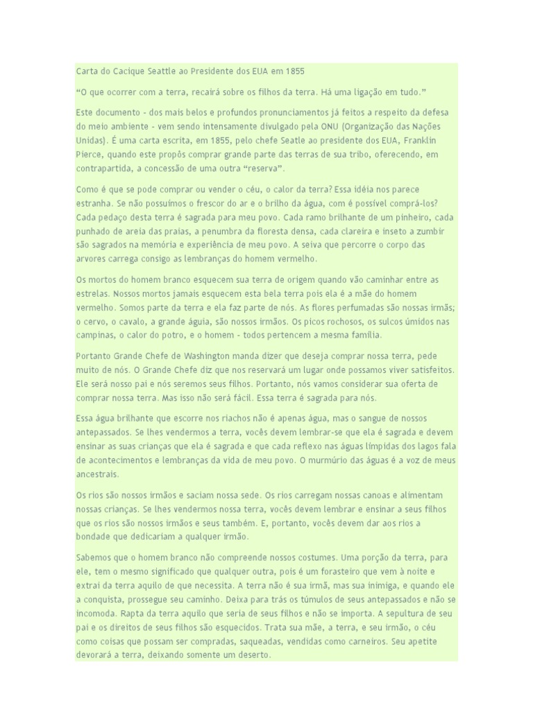 Carta Do Cacique Seattle Ao Presidente Dos EUA em 1855 | PDF | Vermelho ...