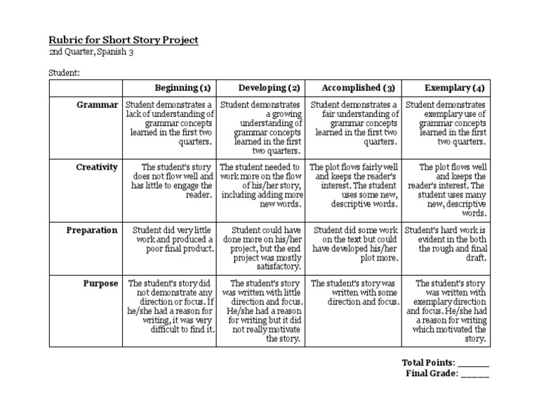 Short Story Project Rubric | PDF | Career & Growth | Foreign Language ...