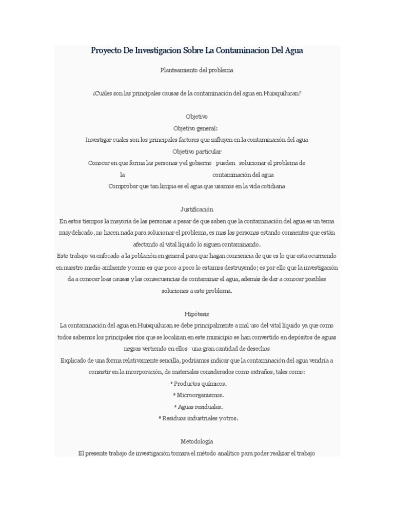 Proyecto de Investigacion Sobre La Contaminacion Del Agua | PDF | La ...