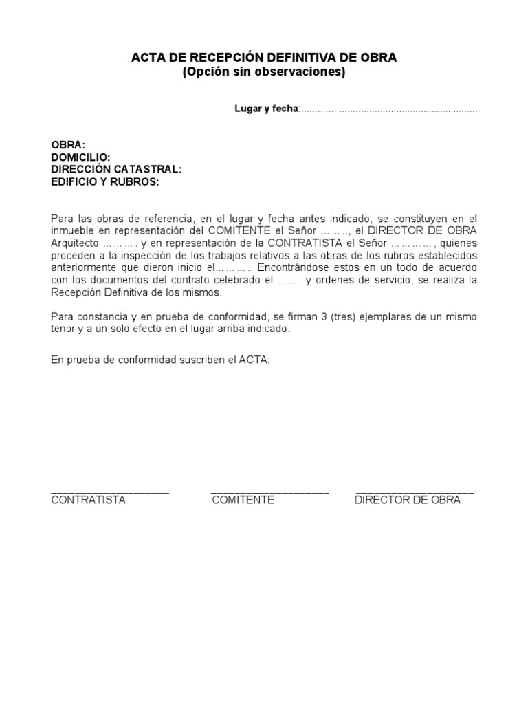 Modelo de Acta de Recepcion Definitiva de Obra | PDF
