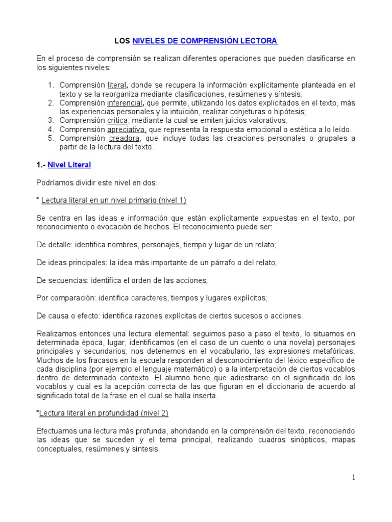 Niveles de Comprensi f3n Lectora | PDF | Inferencia | Lectura (proceso)