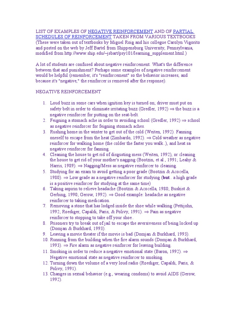 ExamplesLIST OF EXAMPLES OF NEGATIVE REINFORCEMENT AND OF PARTIAL ...