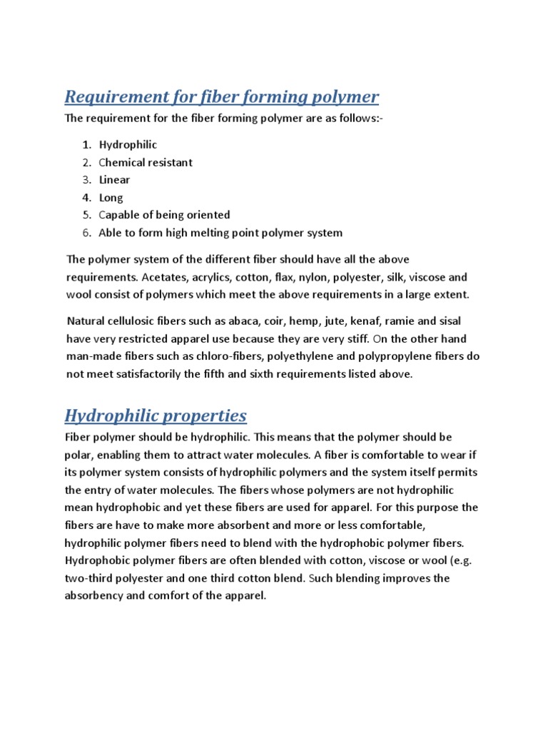 Requirement For Fiber Forming Polymer | PDF | Fibers | Hydrophile