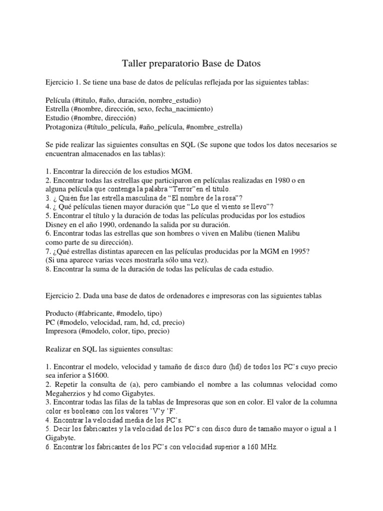 Ejercicios de SQL | PDF | SQL | Bases de datos