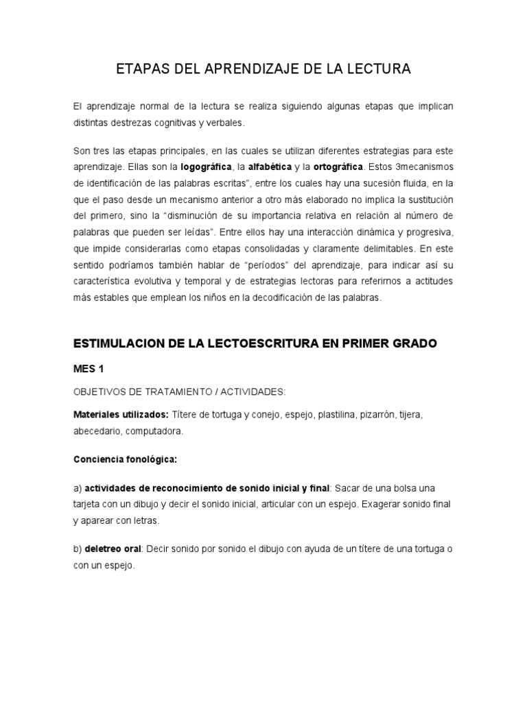Estimulacion de La Lectoescritura en Primer Grado | PDF | Lectura ...