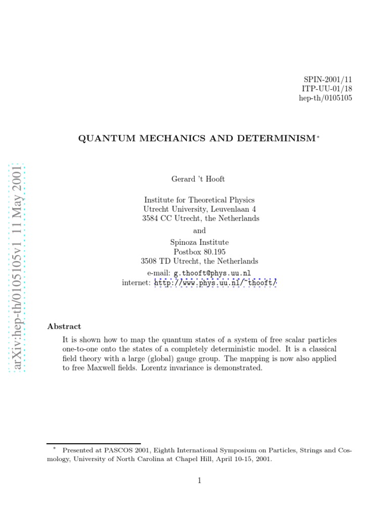 T'hooft Quantum Mechanics and Determinism | PDF | Gauge Theory | Hamiltonian (Quantum Mechanics)