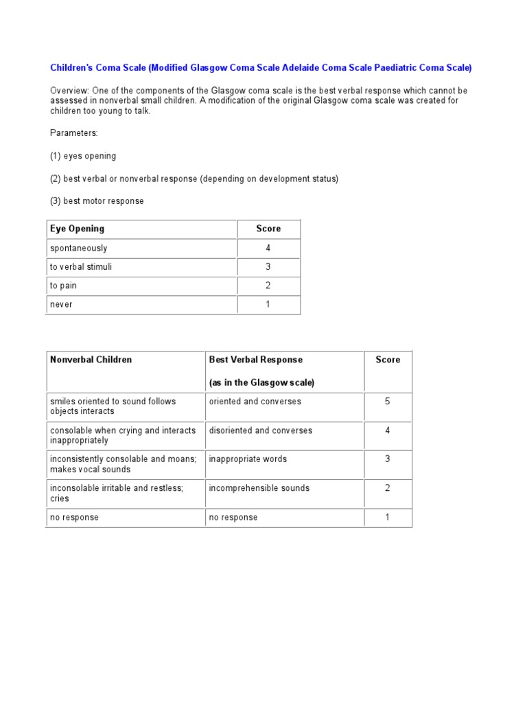 Children's Coma Scale (Modified Glasgow Coma Scale Adelaide Coma Scale ...