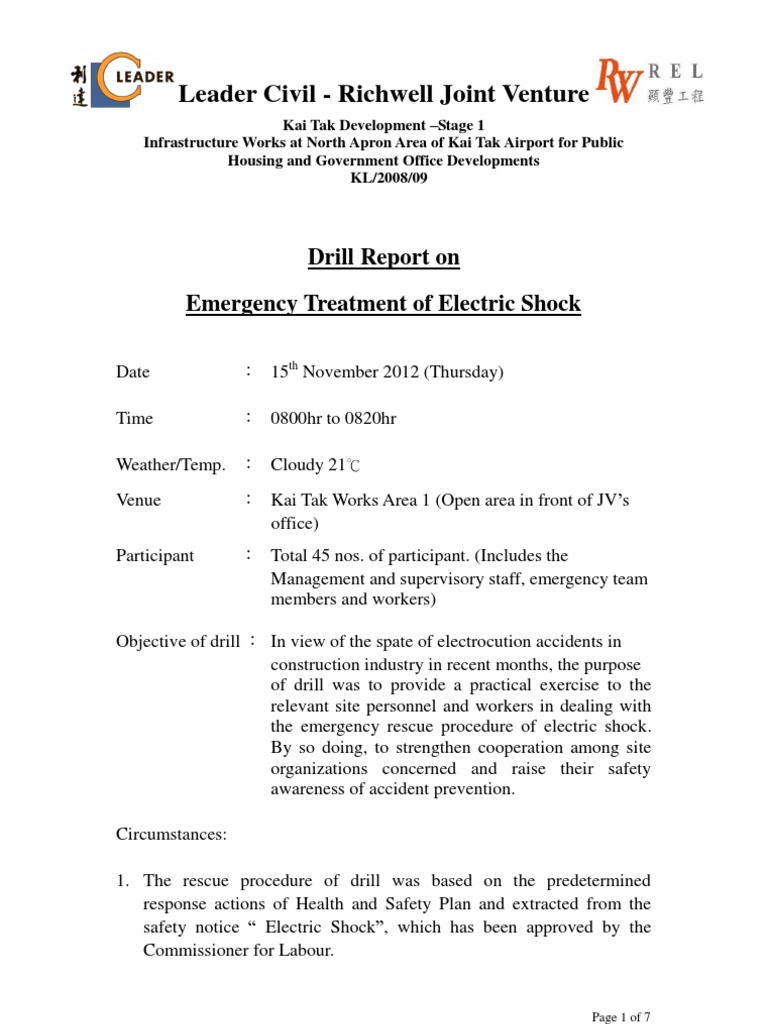 Drill Report On Emergency Treatment of Electric Shock | PDF | First Aid ...