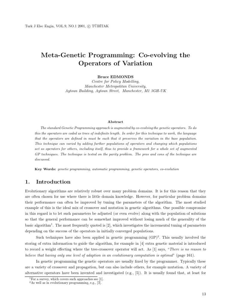 Meta-Genetic Programming: Co-Evolving The Operators of Variation | PDF | Evolution | Algorithms