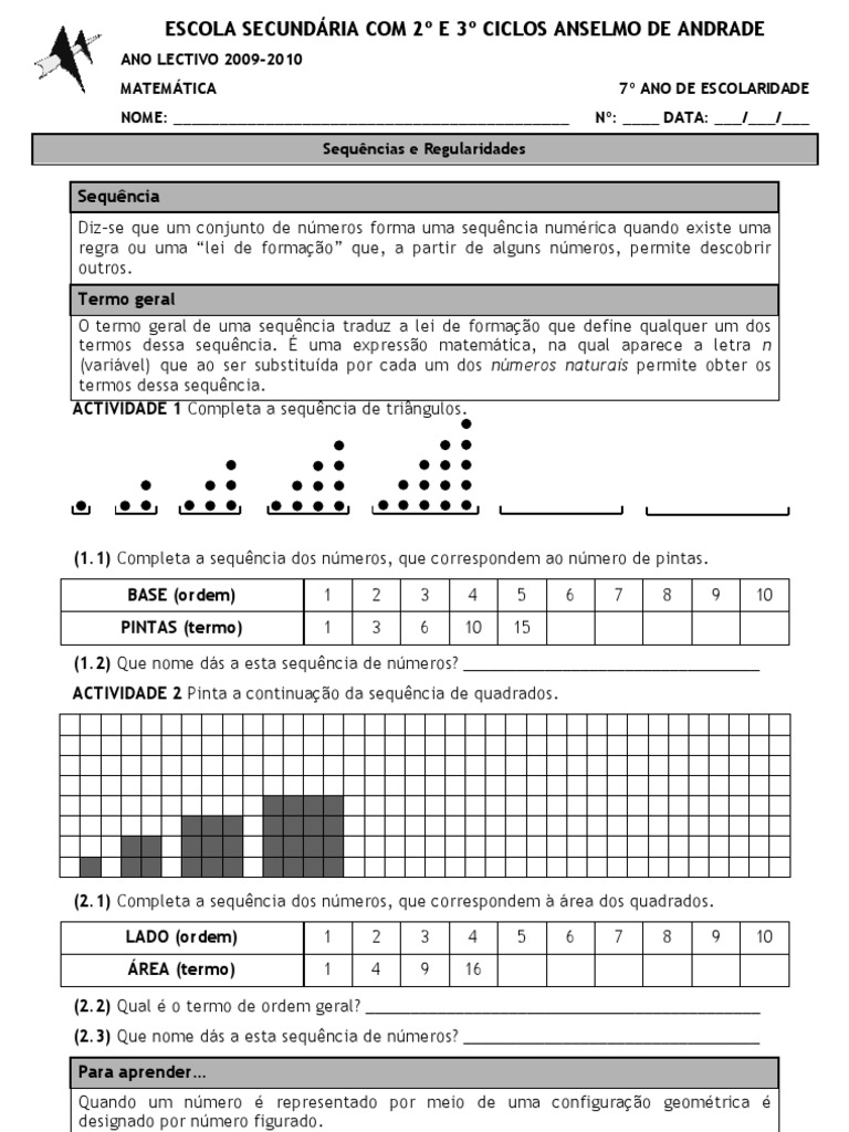 Matemática Ficha de Sequências | PDF | Sequência | Ensino médio