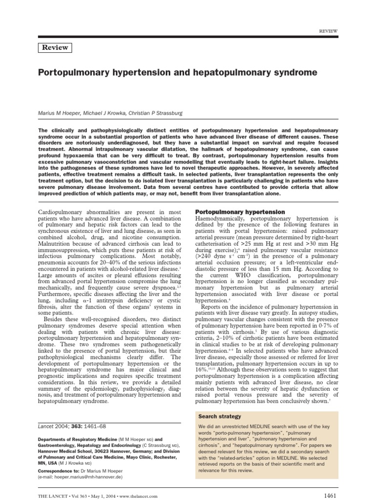 Portopulmonary Hypertension and Hepatopulmonary Syndrome: Review | PDF ...