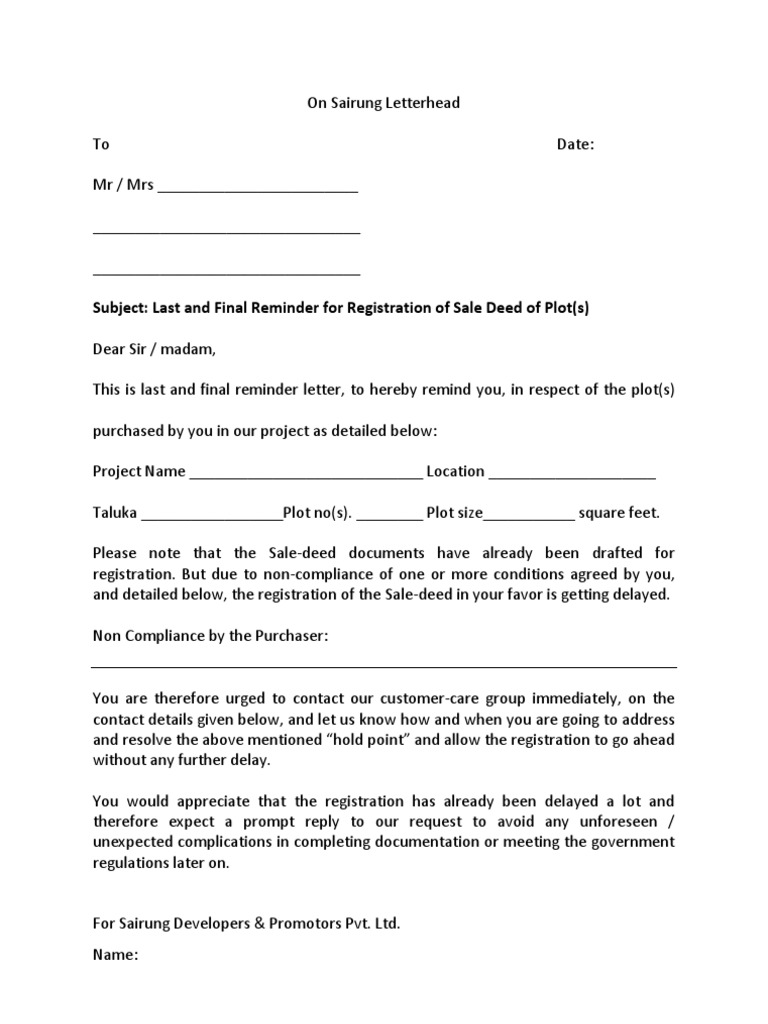 Final Reminder for Sale Deed Registration | PDF