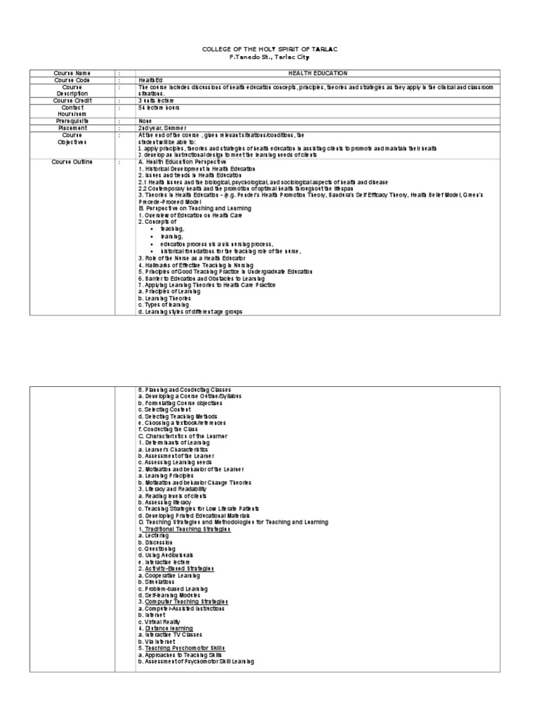 Health Education Course Overview | PDF | Health Education | Learning