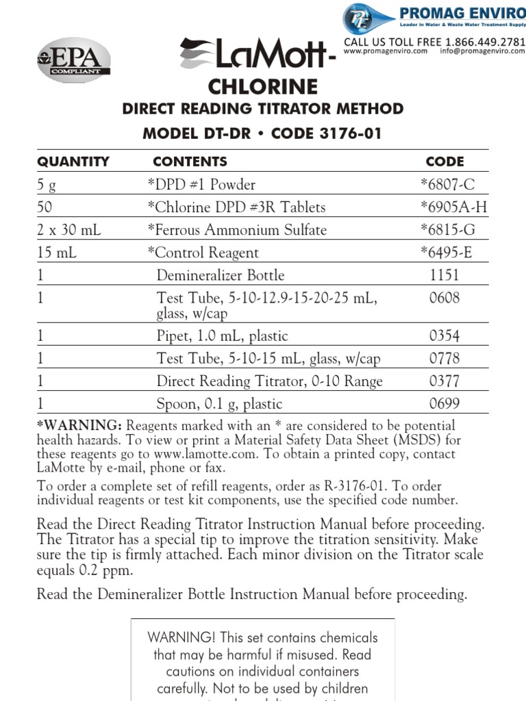 LaMotte 3176-01 Chlorine Kit Instructions | PDF | Purified Water ...