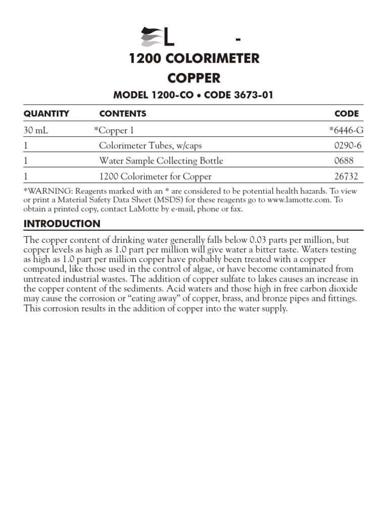 LaMotte 3673-01 DC1200-CO Copper Colorimeter Kit Instructions | PDF ...