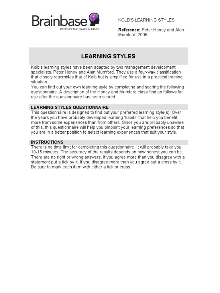 Learning Styles Kolb Questionnaire | Learning Styles | Thought