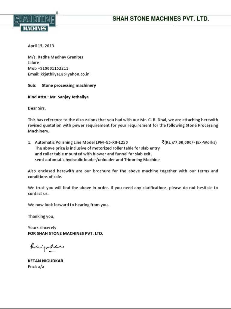 Quotation For A Granite Line Polisher | PDF | Industries | Transport