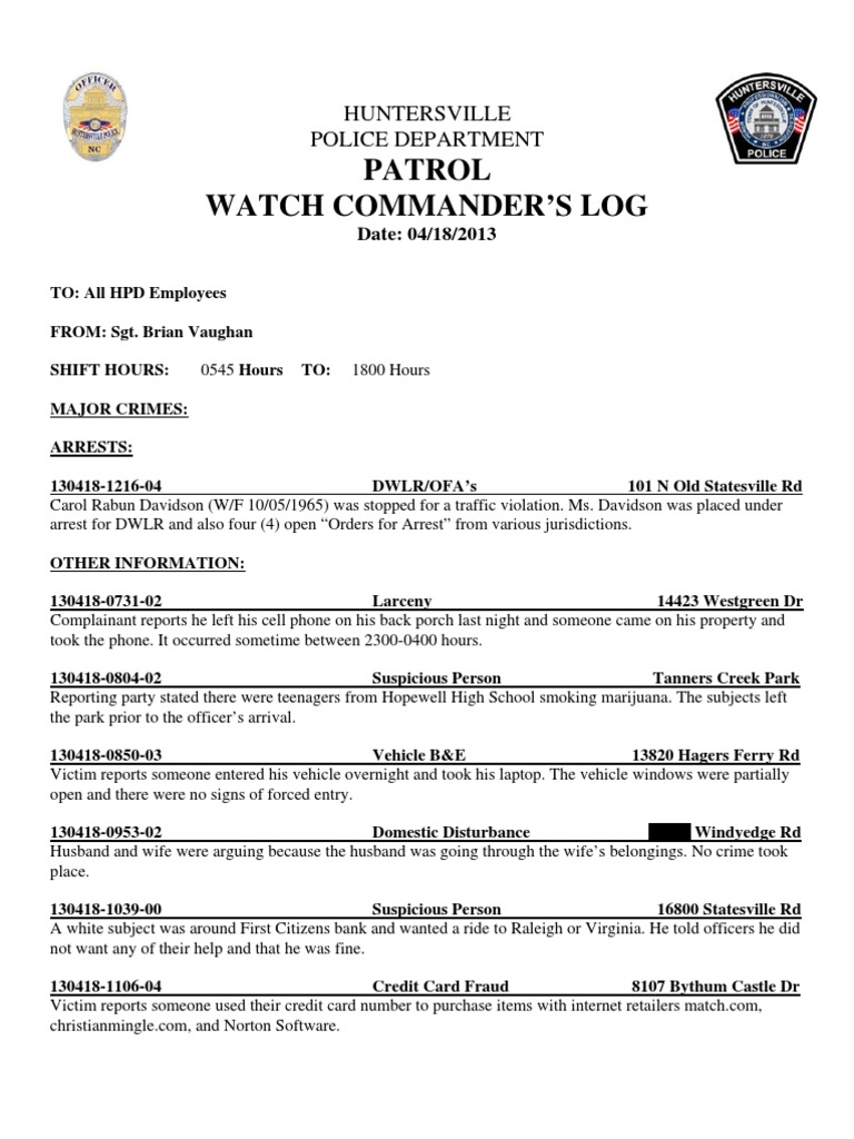 HPD Patrol Watch Log-4!18!13 Day | PDF | Arrest | Law Enforcement
