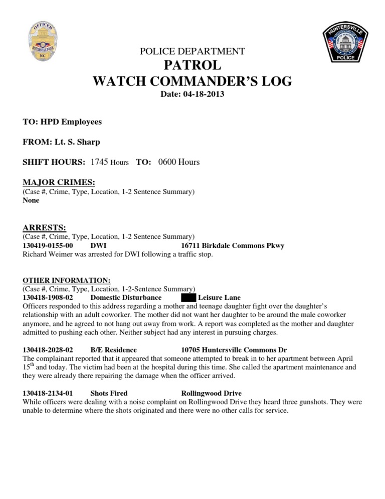 HPD Patrol Watch Log 4-18-13 Night | PDF