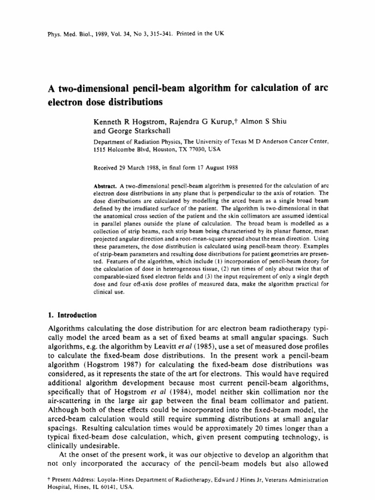 A Two-Dimensional Pencil-Beam Algorithm For Calculation of Arc Electron Dose Distributions | PDF ...