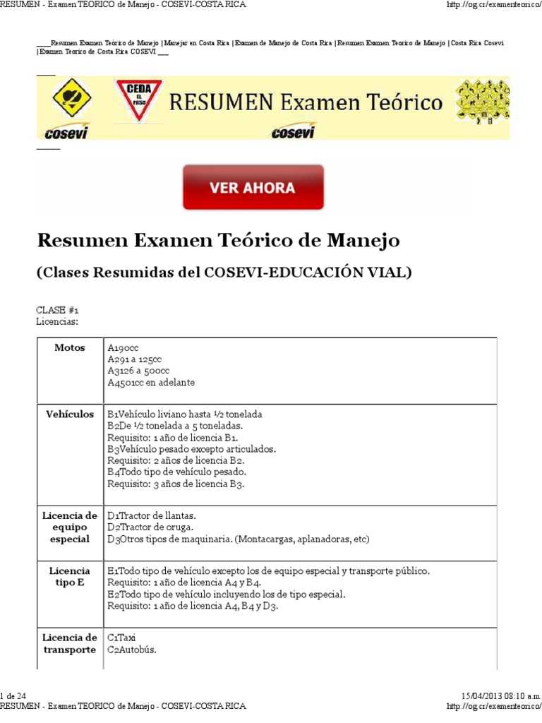RESUMEN - Examen TEORICO de Manejo - COSEVI-COSTA RICA PDF | PDF ...