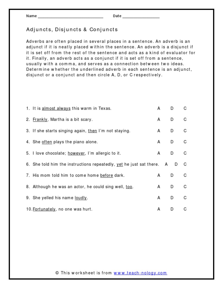 Adjuncts, Disjuncts & Conjuncts: Name - Date | PDF