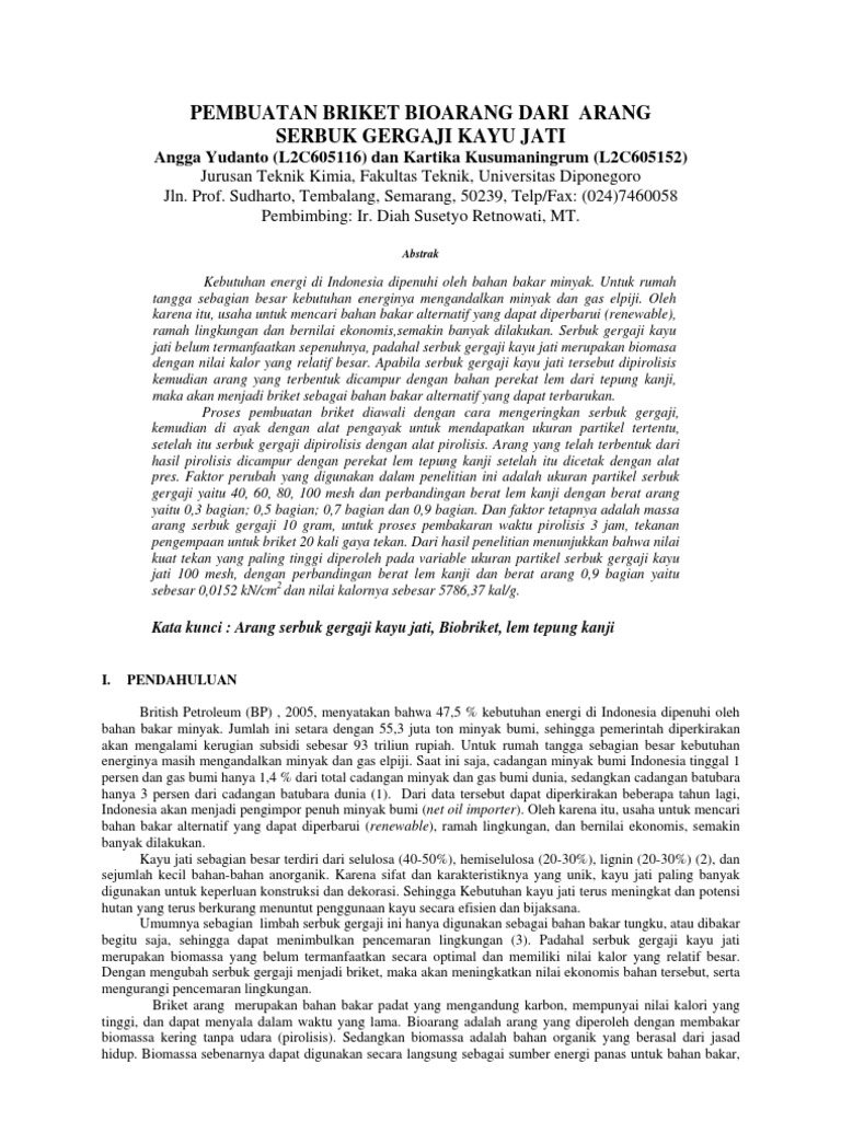 Pembuatan Briket Bioarang Dari Arang Serbuk Gergaji Kayu Jati | PDF