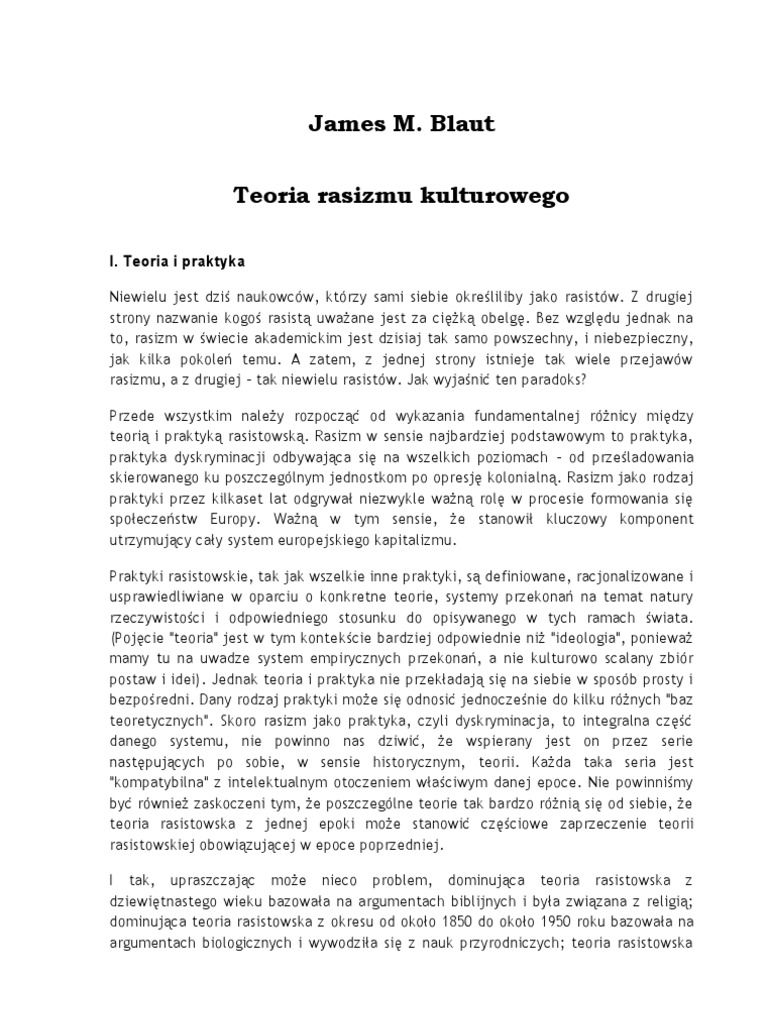 Teoria Rasizmu Kulturowego James M. Blaut PDF | PDF