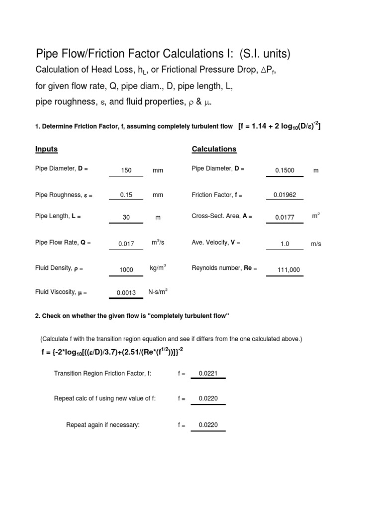 1BFF68 Pipe-Flow Friction-Factor Calcns Head-Loss Si Units | PDF
