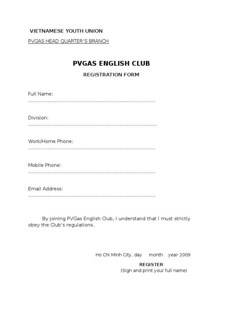 PVGas English Club Registration Form | PDF | Career & Growth
