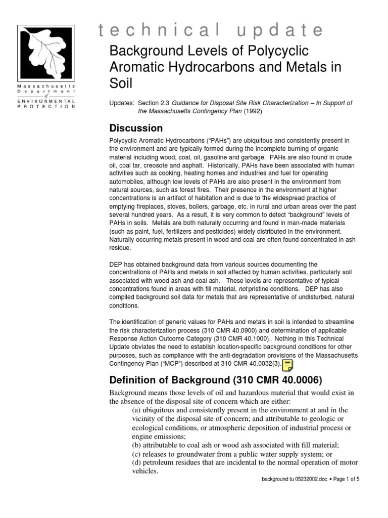 Massachusetts DEP - Background PAHs and Metals in Soils-1 | PDF ...
